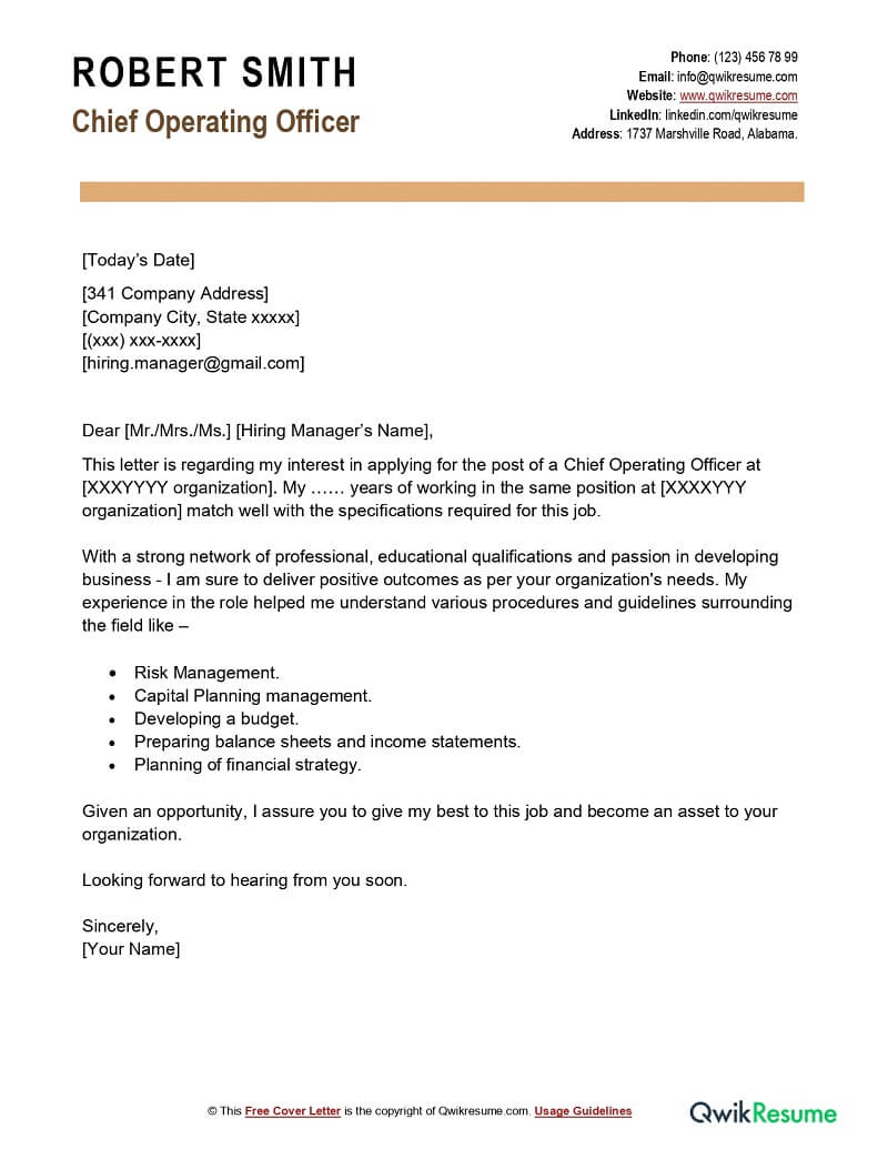 Chief Operating Officer Cover Letter Examples QwikResume