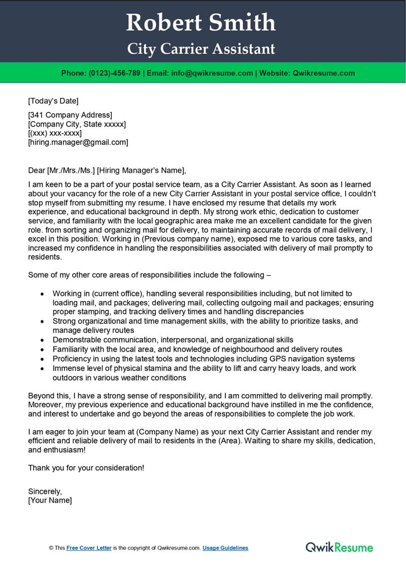 City Carrier Assistant Cover Letter Examples QwikResume