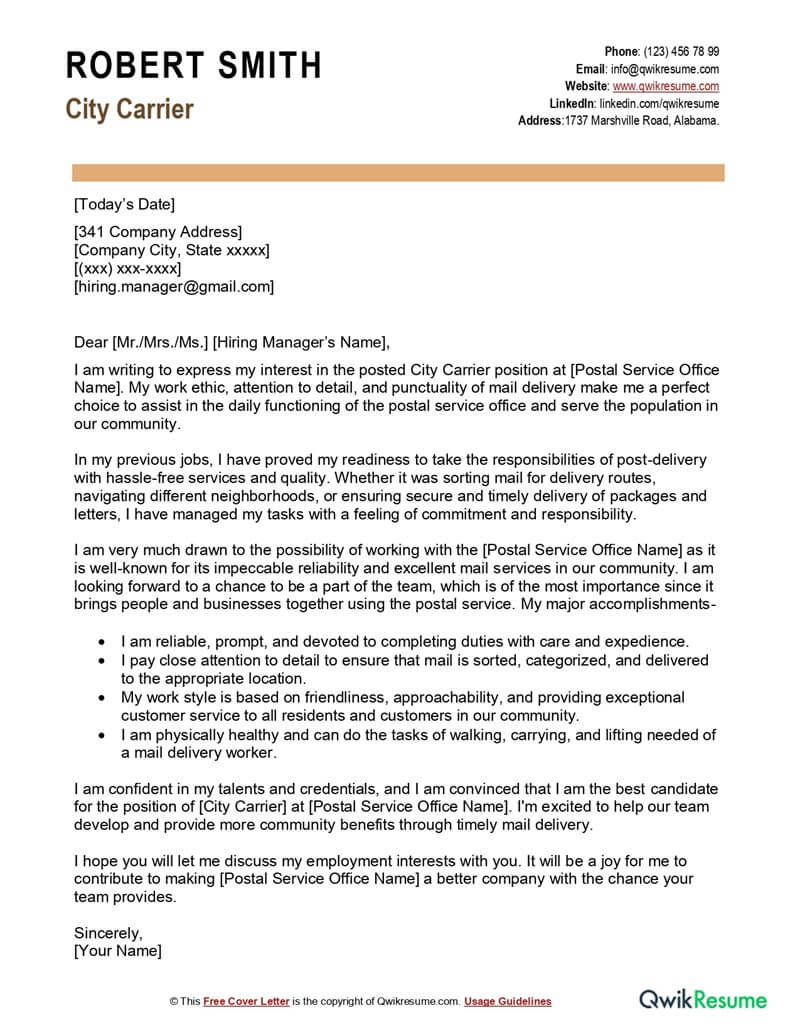 City Carrier Cover Letter Examples QwikResume