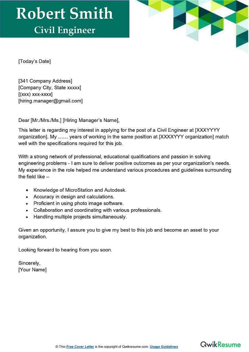 Civil Engineering Internship Cover Letter