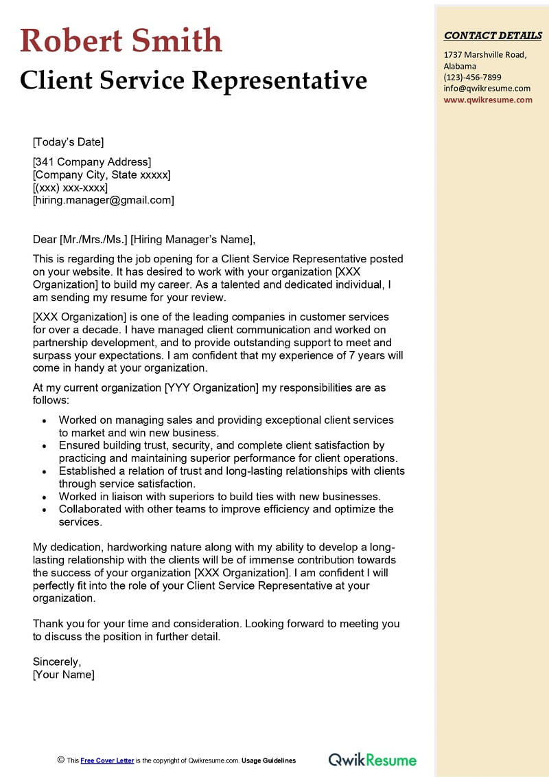 Customer Service Agent Cover Letter Examples QwikResume