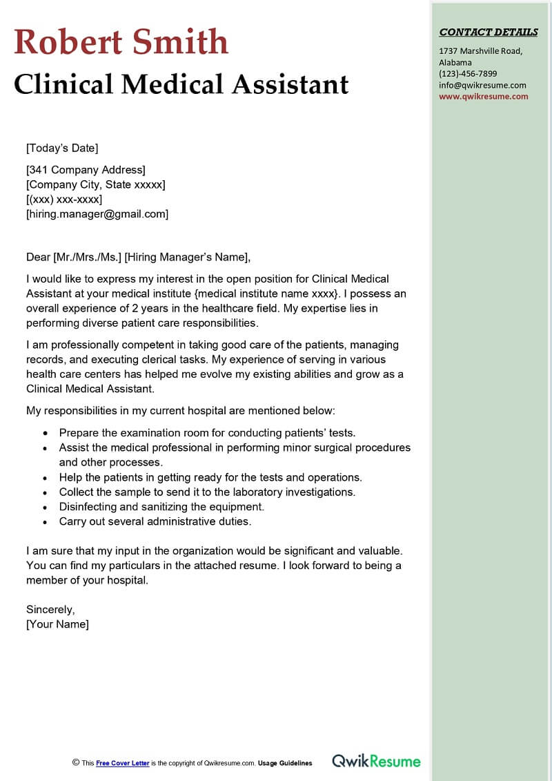 Clinical Medical Assistant Cover Letter Examples QwikResume