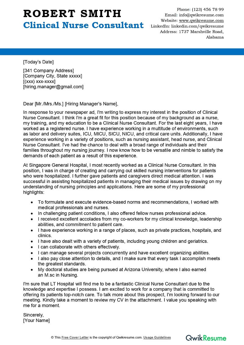 Clinical Nurse Consultant Cover Letter Examples QwikResume