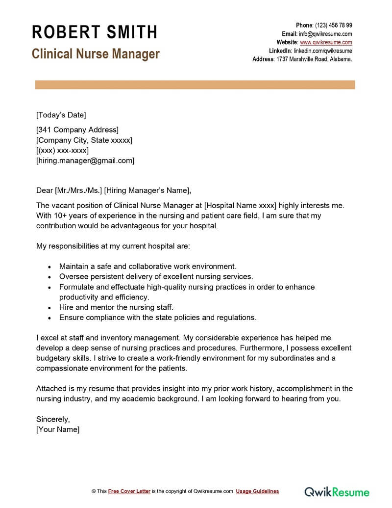 Clinical Nurse Manager Cover Letter Examples QwikResume
