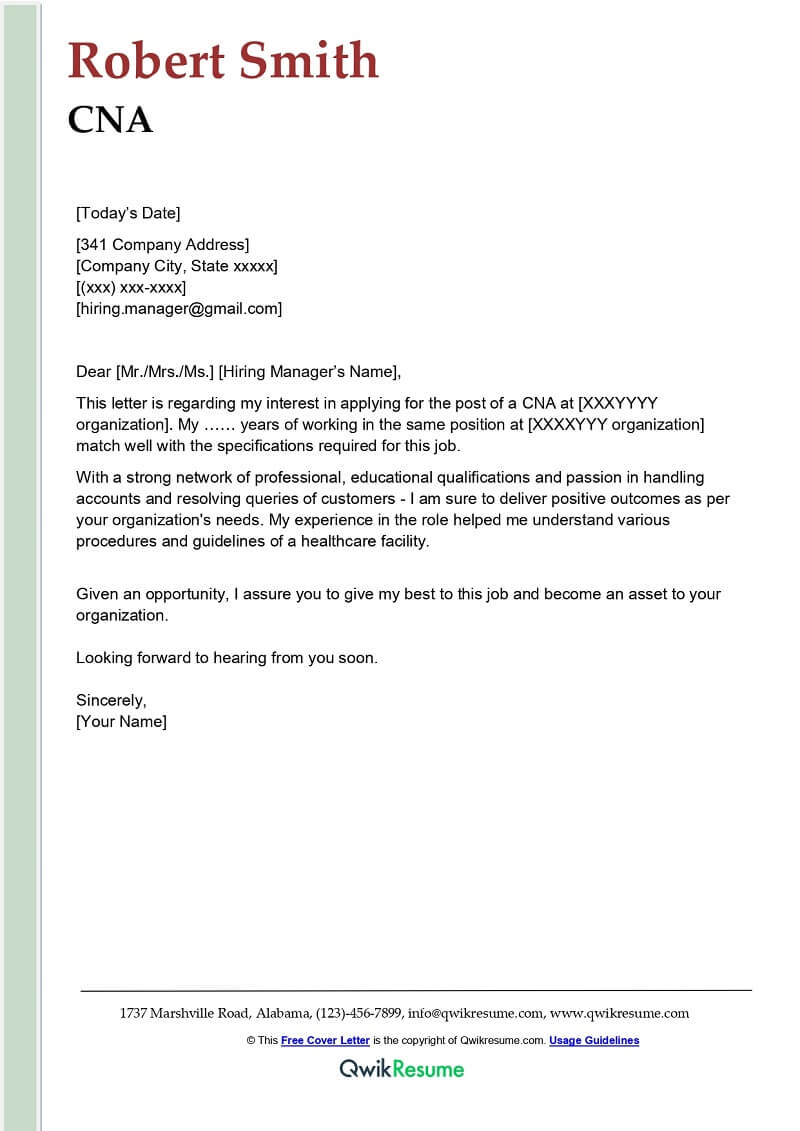 CNA Cover Letter Examples QwikResume