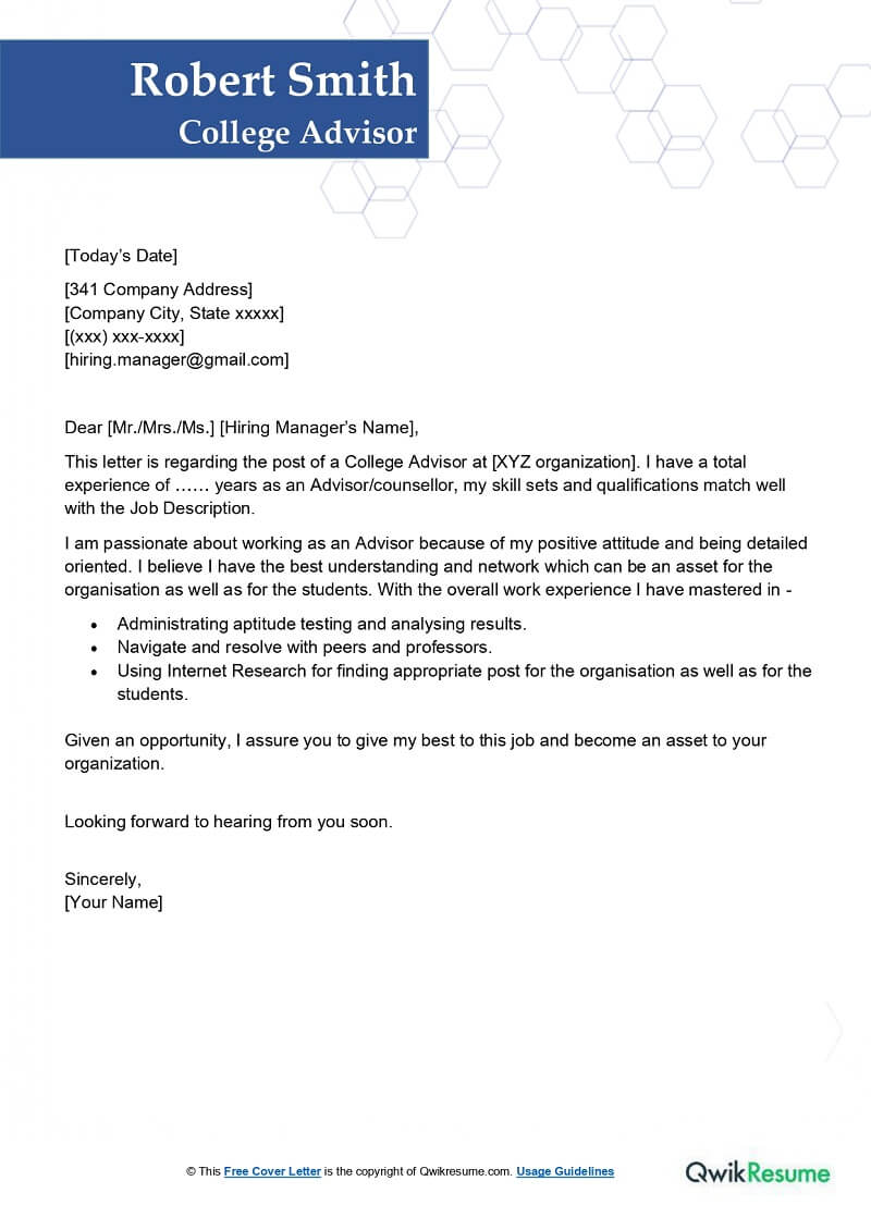 Academic Advisor Cover Letter Examples QwikResume