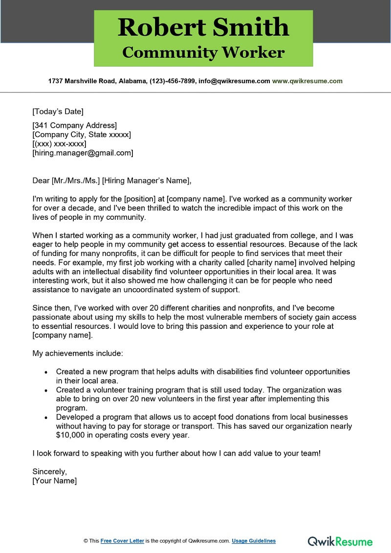 Community Worker Cover Letter Examples QwikResume