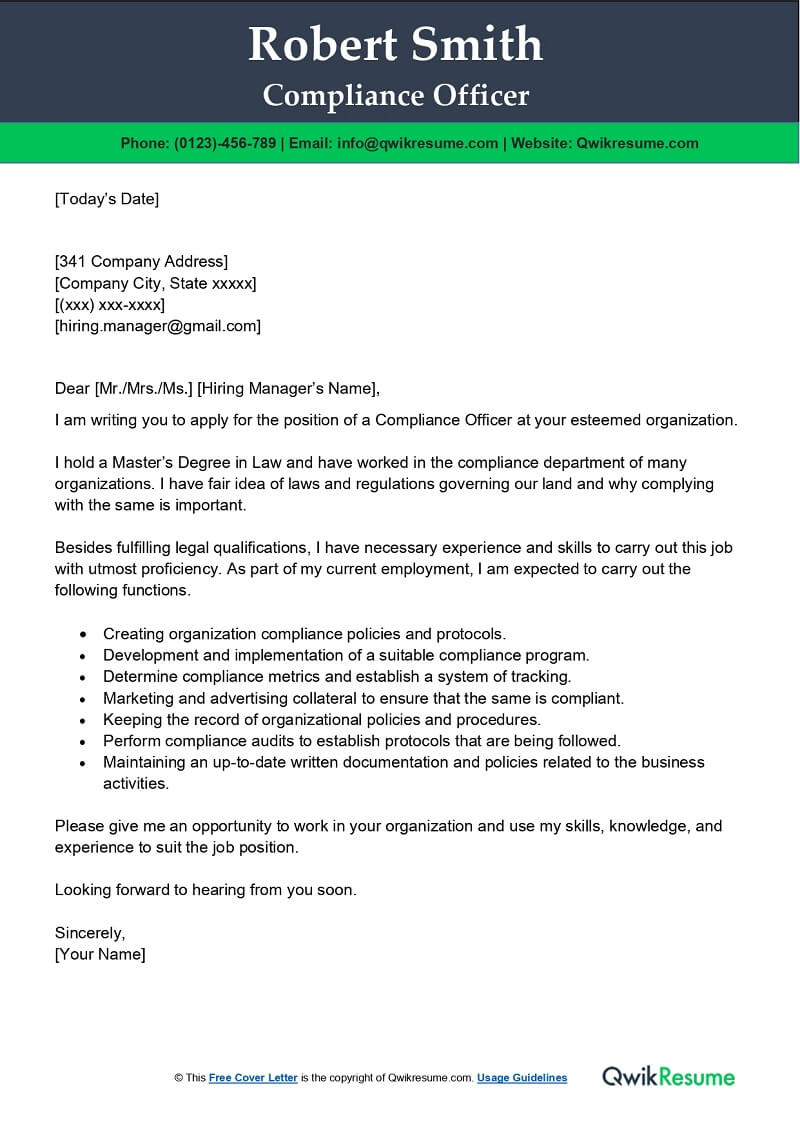 Compliance Officer Cover Letter Examples QwikResume