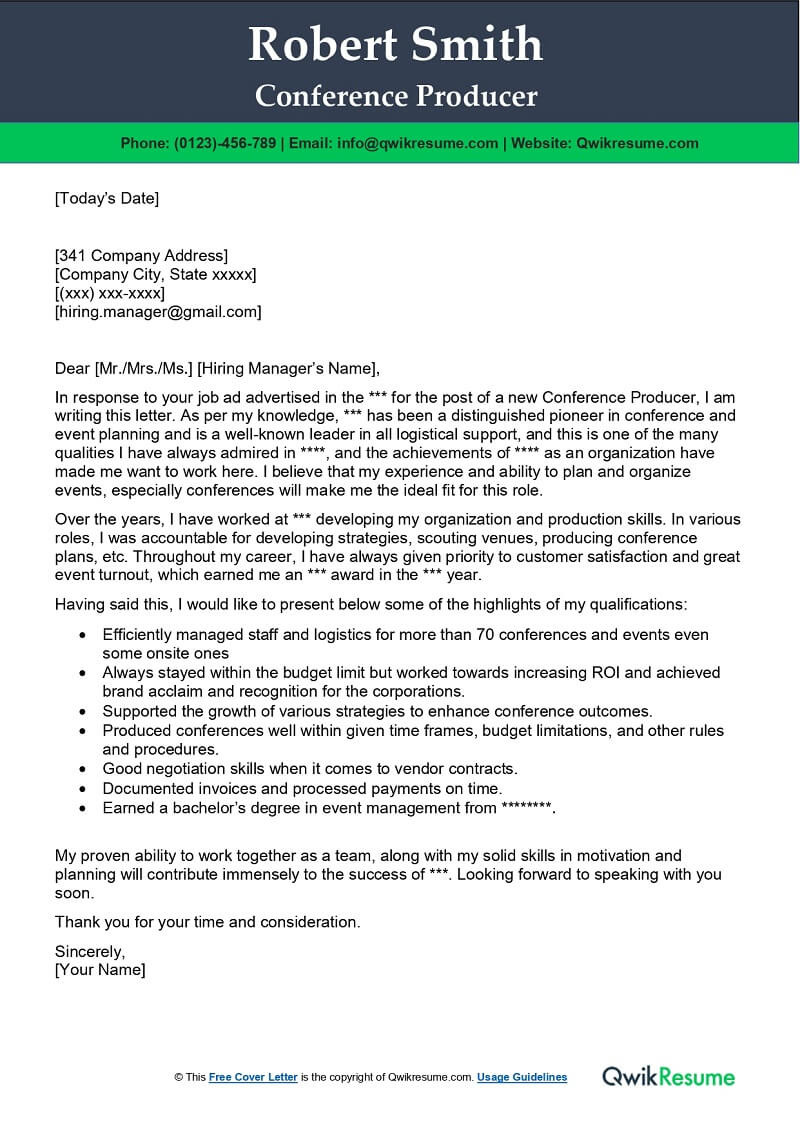 Conference Producer Cover Letter Examples QwikResume