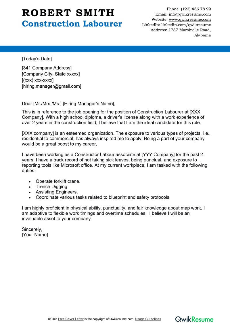 Construction Laborer Cover Letter Examples QwikResume