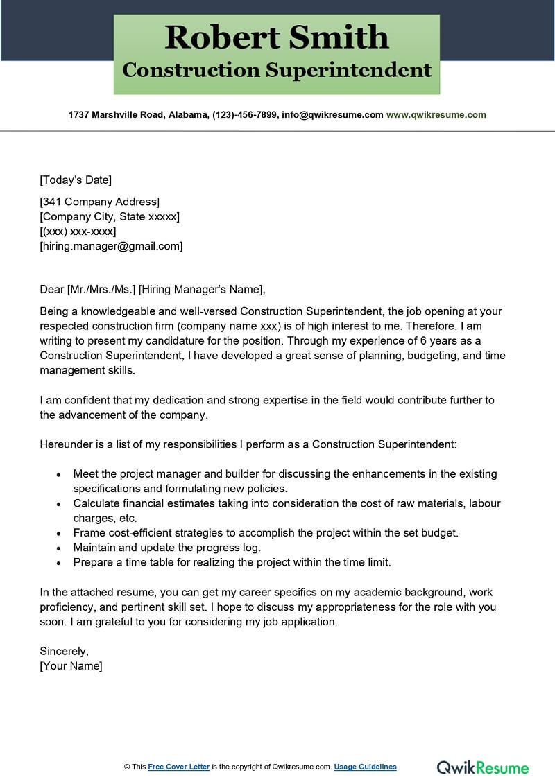 Construction Superintendent Cover Letter Examples QwikResume