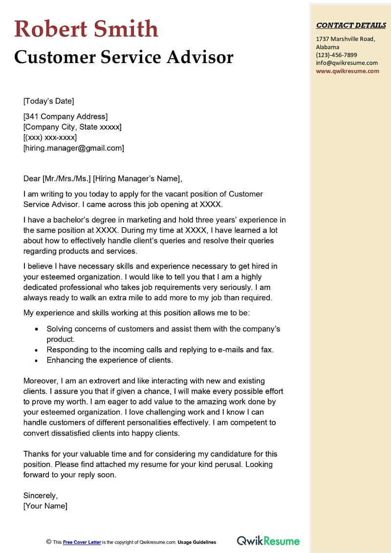 Customer Service Advisor Cover Letter Examples QwikResume