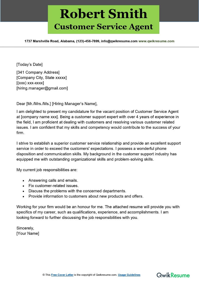 Cover Letter Sample Customer Service Agent
