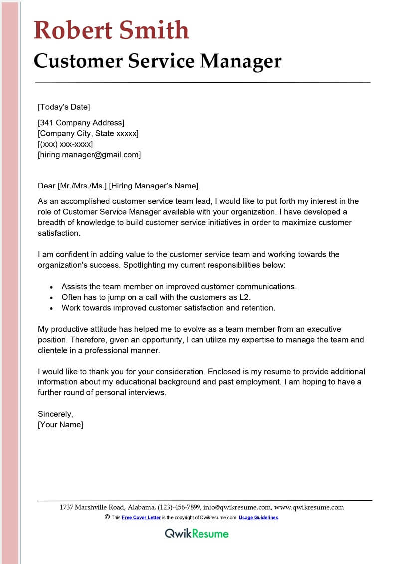 Cover Letter For Service Manager