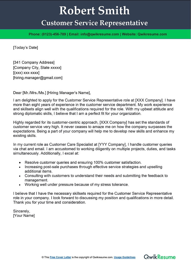 Customer Service Representative Cover Letter Examples QwikResume