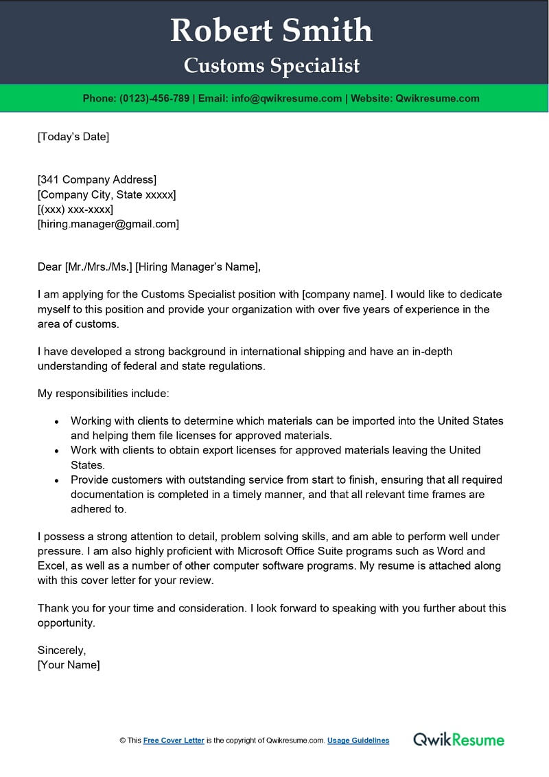 Customs Specialist Cover Letter Examples QwikResume