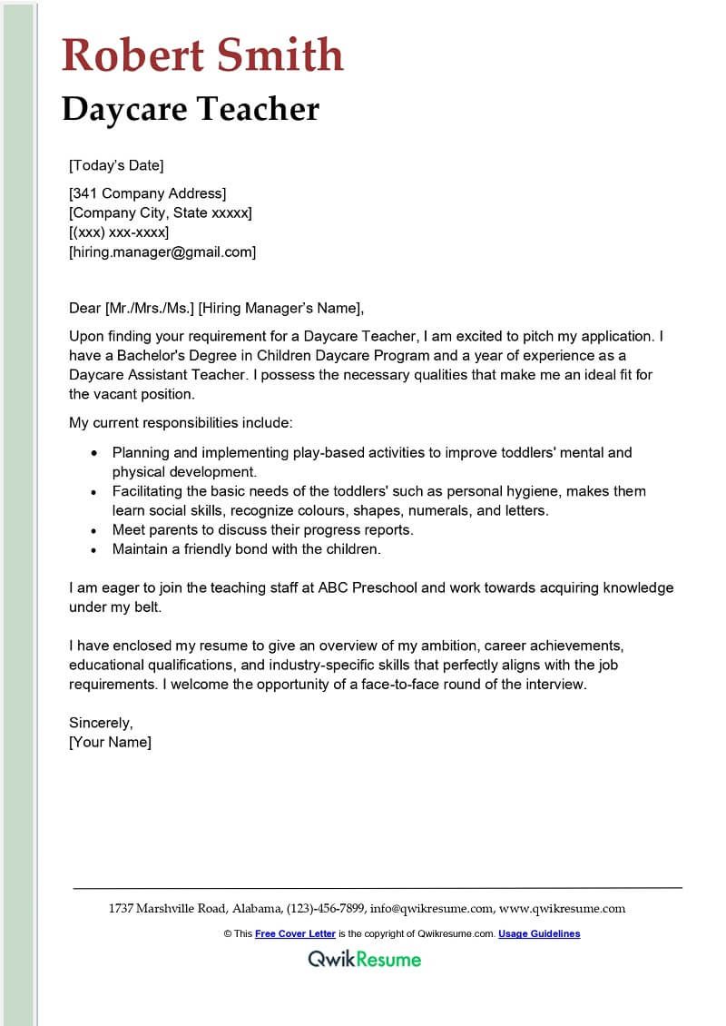 Daycare Teacher Cover Letter Examples QwikResume