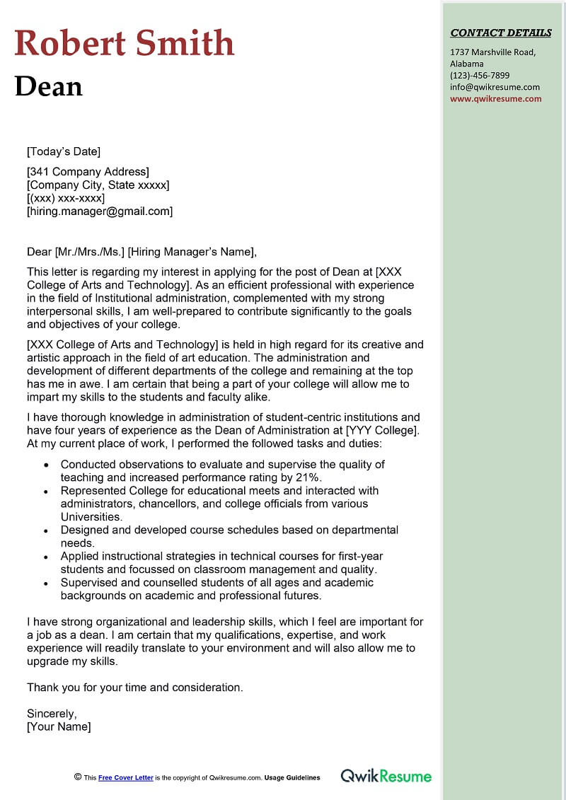 Dean Cover Letter Examples QwikResume