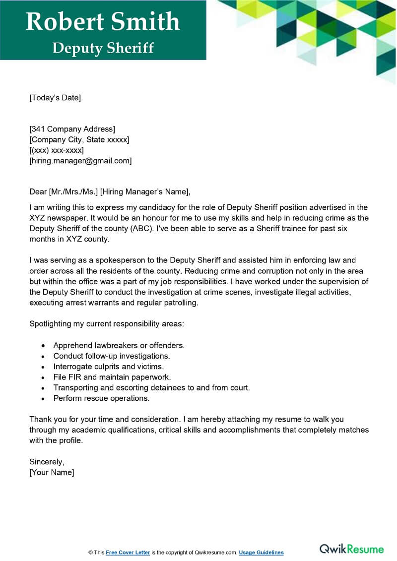 Deputy Sheriff Cover Letter Examples QwikResume