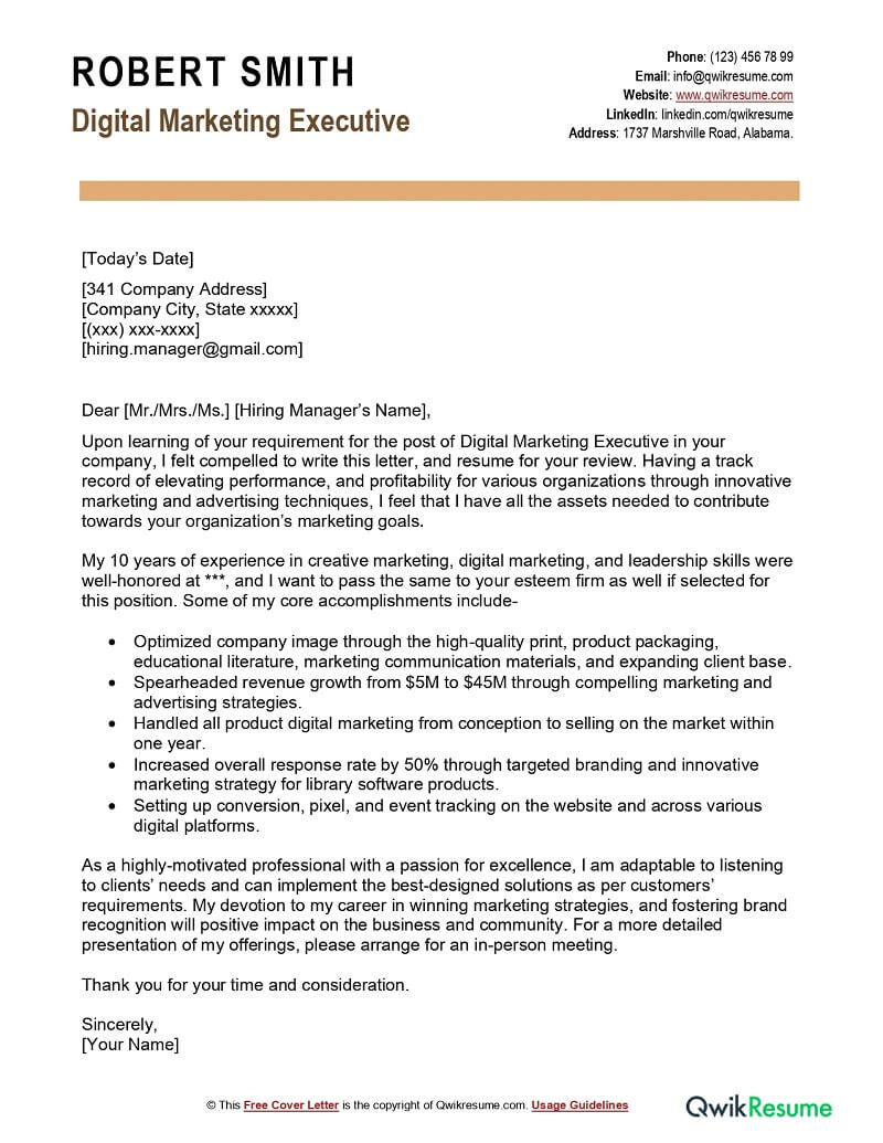 Digital Marketing Executive Cover Letter Examples QwikResume
