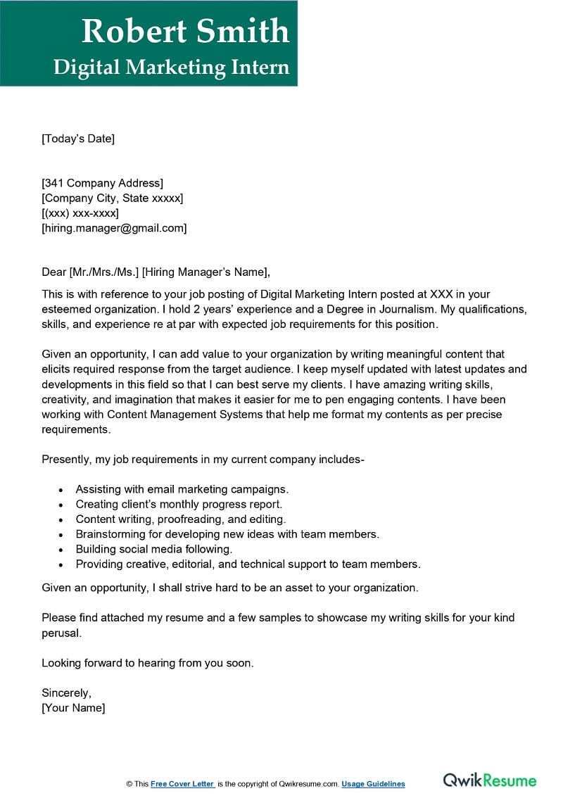 Digital Marketing Intern Cover Letter Examples QwikResume