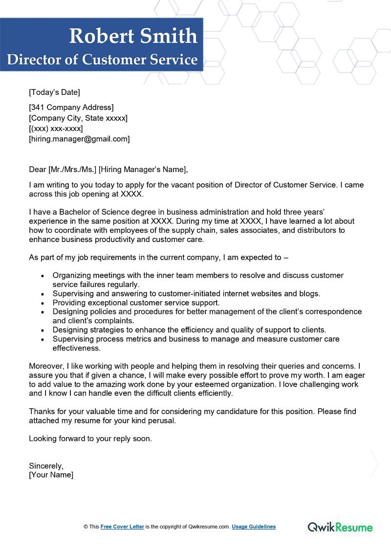 Director Of Customer Service Cover Letter Examples QwikResume