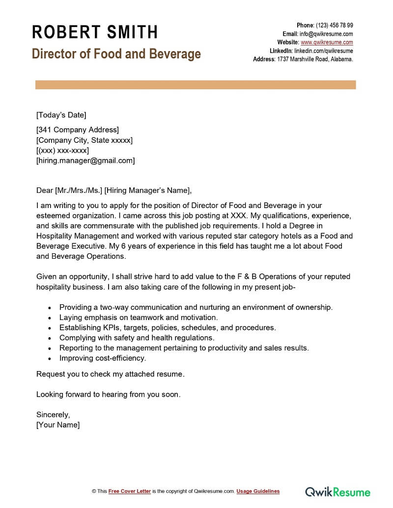 Director Of Food And Beverage Cover Letter Examples QwikResume