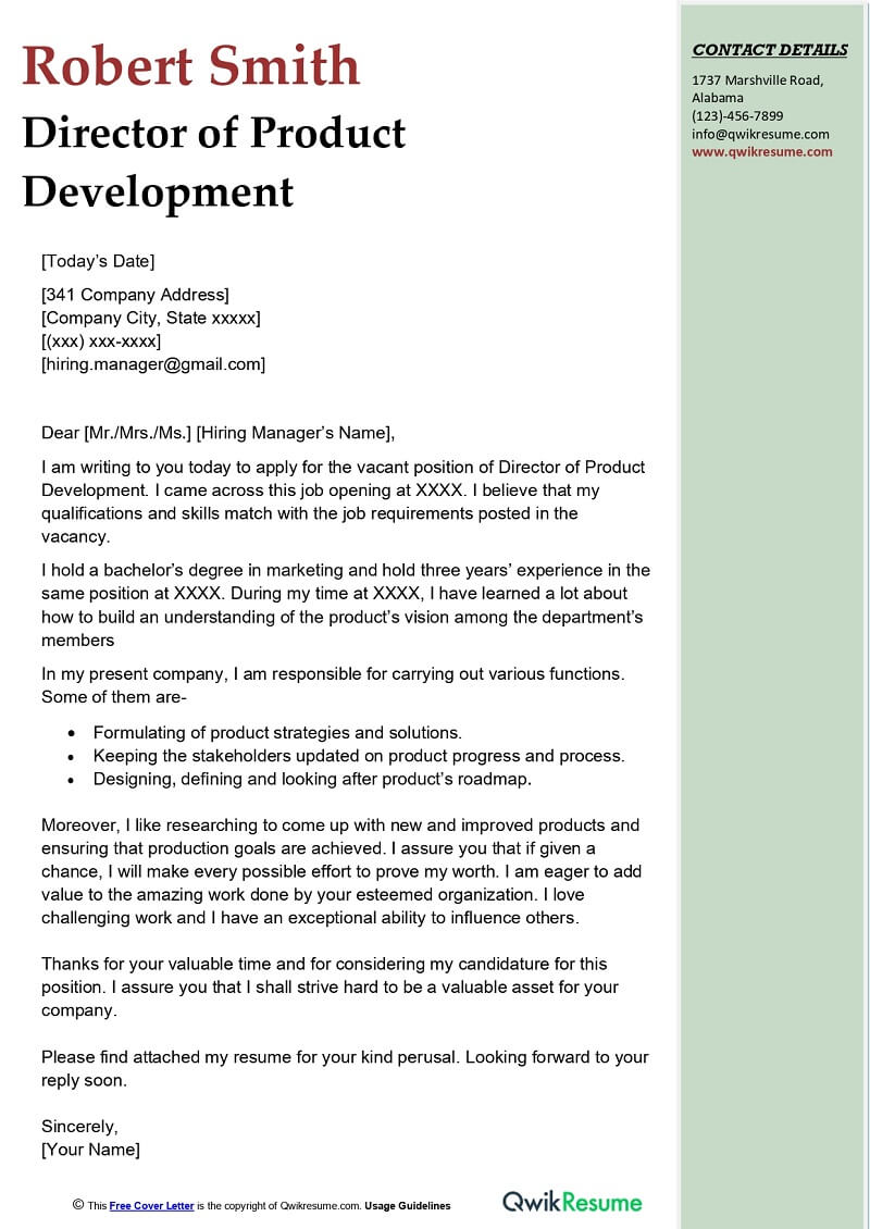 Director Of Product Development Cover Letter Examples QwikResume