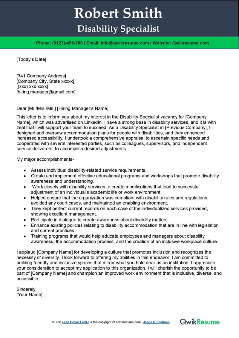 Disability Specialist Cover Letter Examples QwikResume