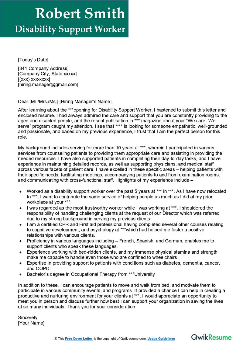 Disability Support Worker Cover Letter Examples QwikResume