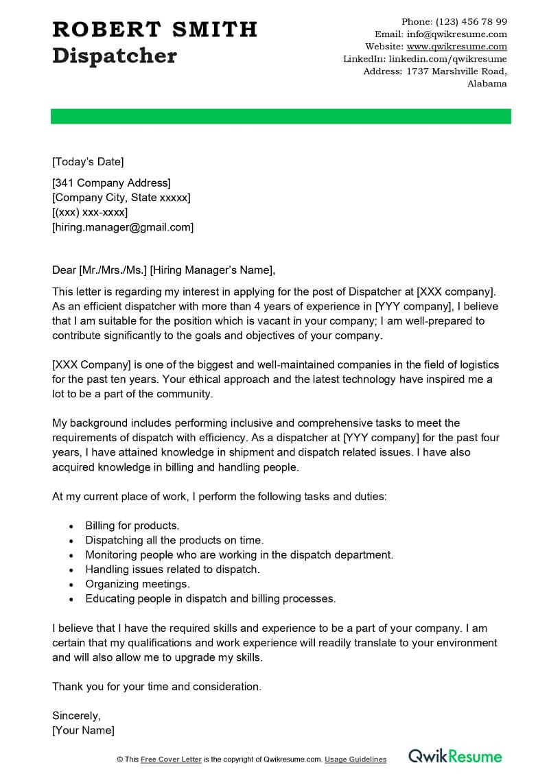 Dispatch Supervisor Cover Letter Examples QwikResume