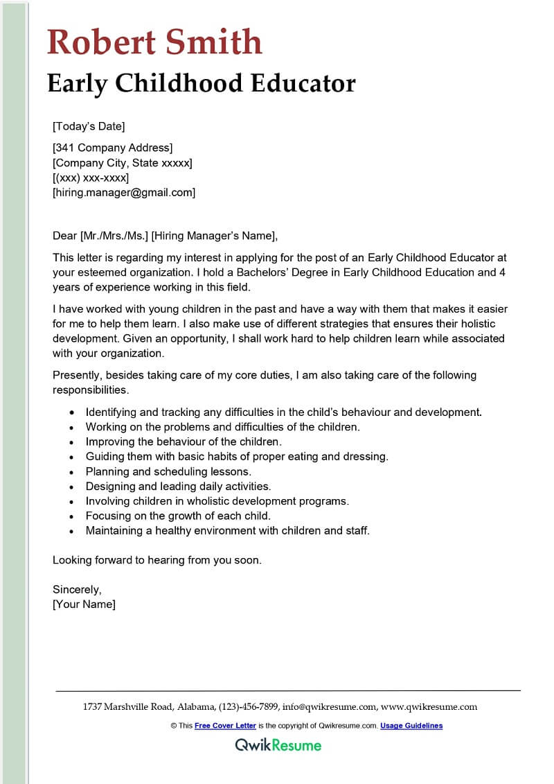 Early Childhood Educator Cover Letter Examples QwikResume