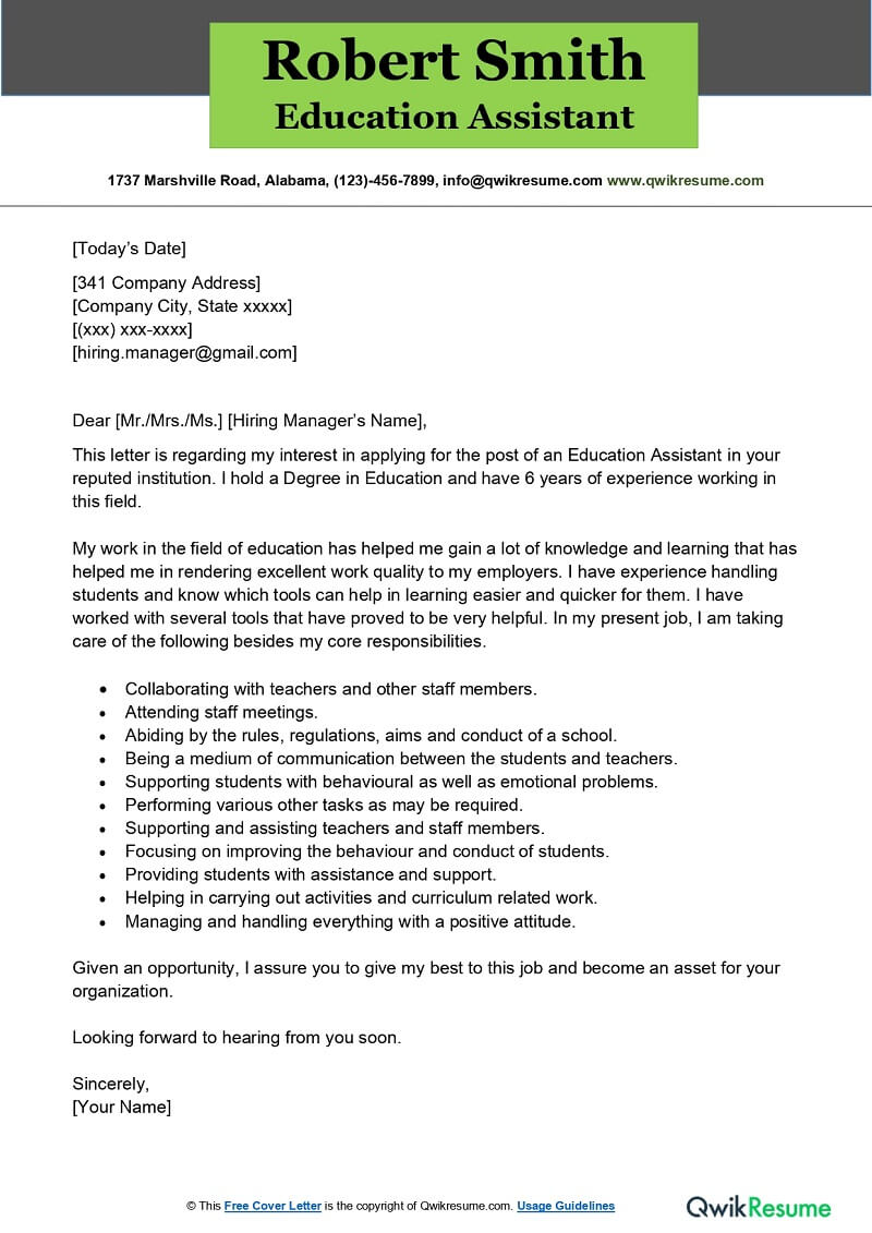 Education Assistant Cover Letter Examples QwikResume