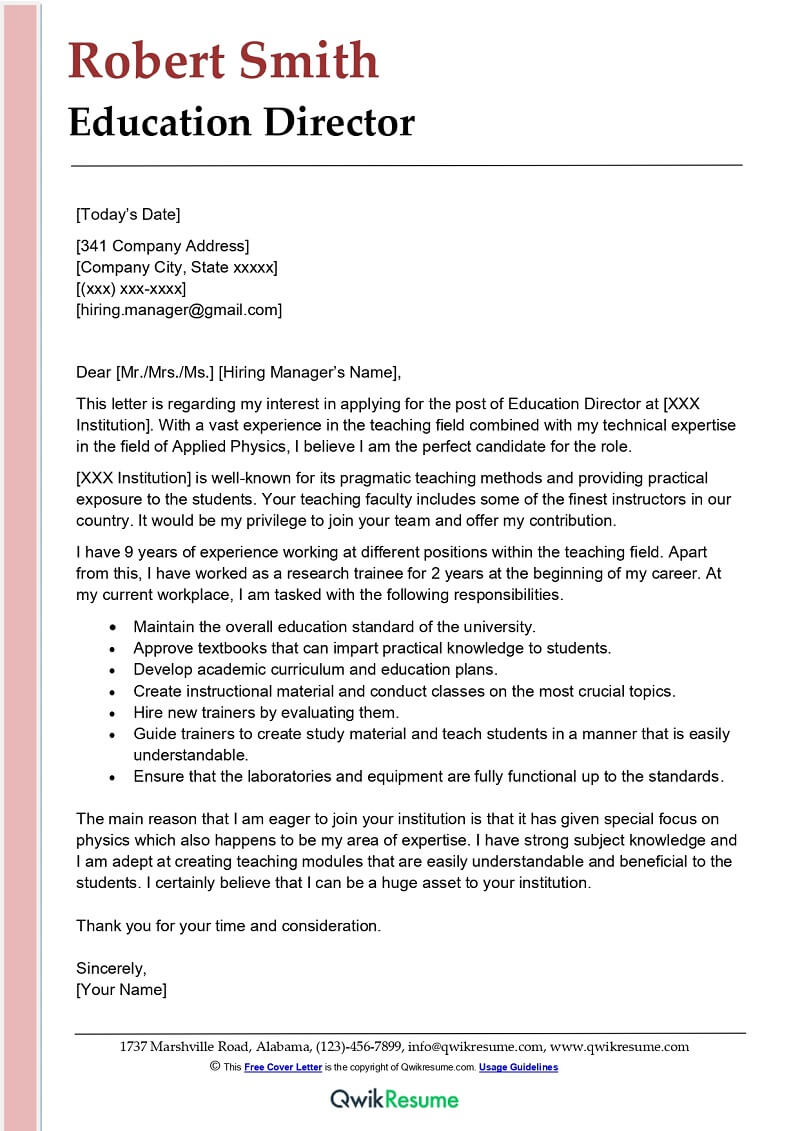 Educator Cover Letter Examples QwikResume