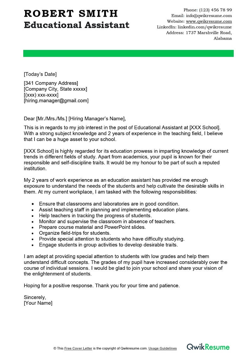 Educational Assistant Cover Letter Examples QwikResume