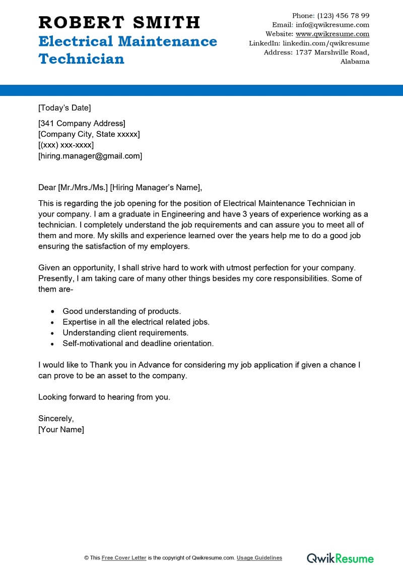 Electrical Technician Cover Letter Distasipamblog