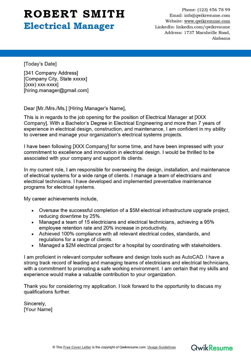 Electrical Manager Cover Letter Examples QwikResume