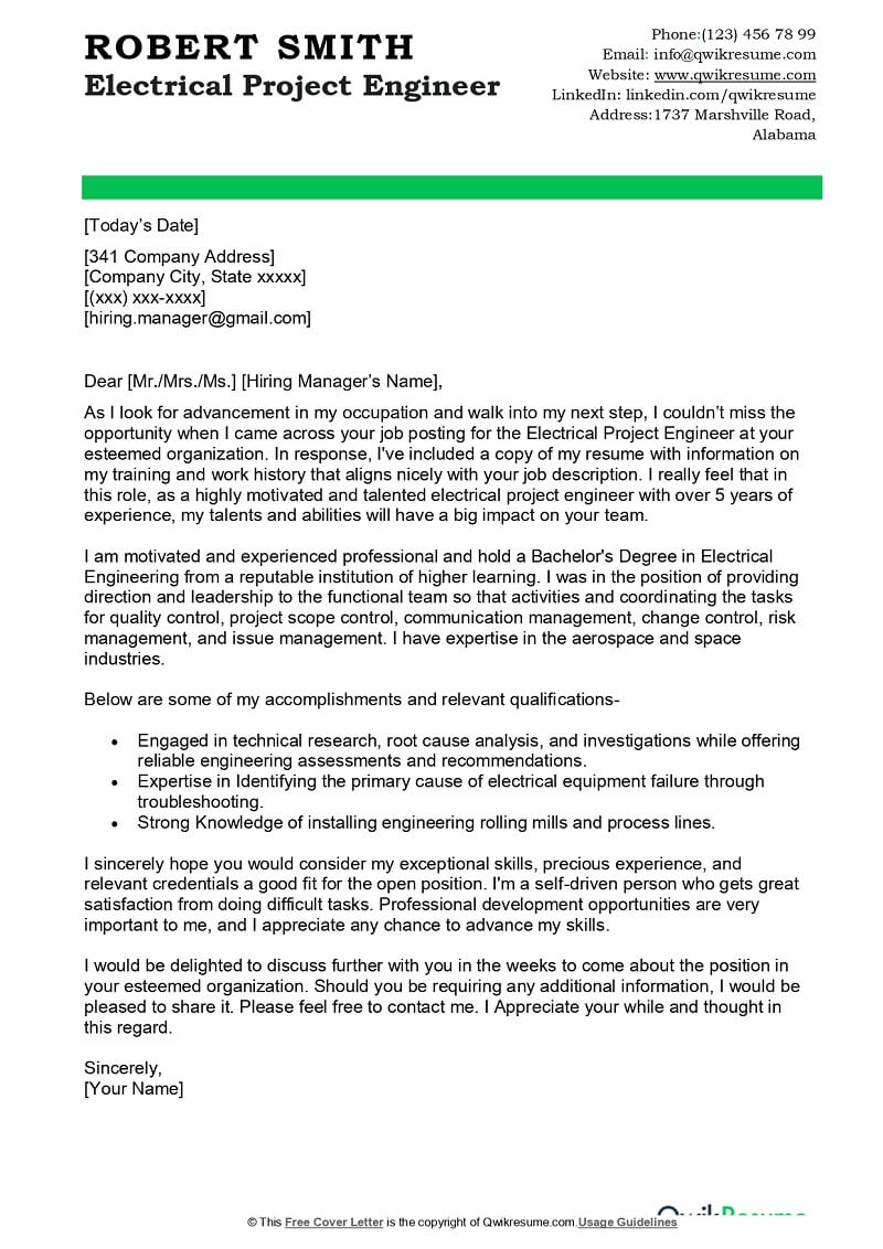 Electrical Project Engineer Cover Letter Examples QwikResume
