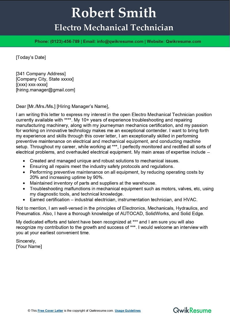 Electro Mechanical Technician Cover Letter Examples QwikResume