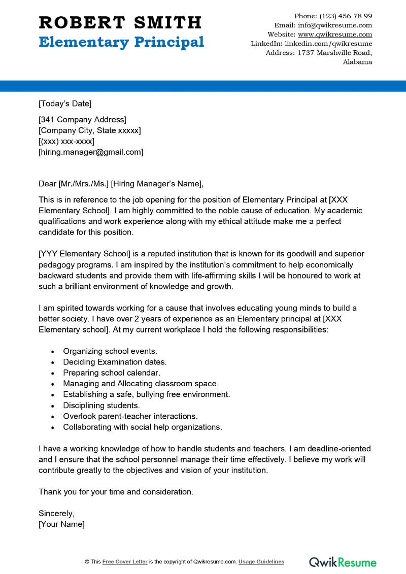 Elementary Principal Cover Letter Examples QwikResume