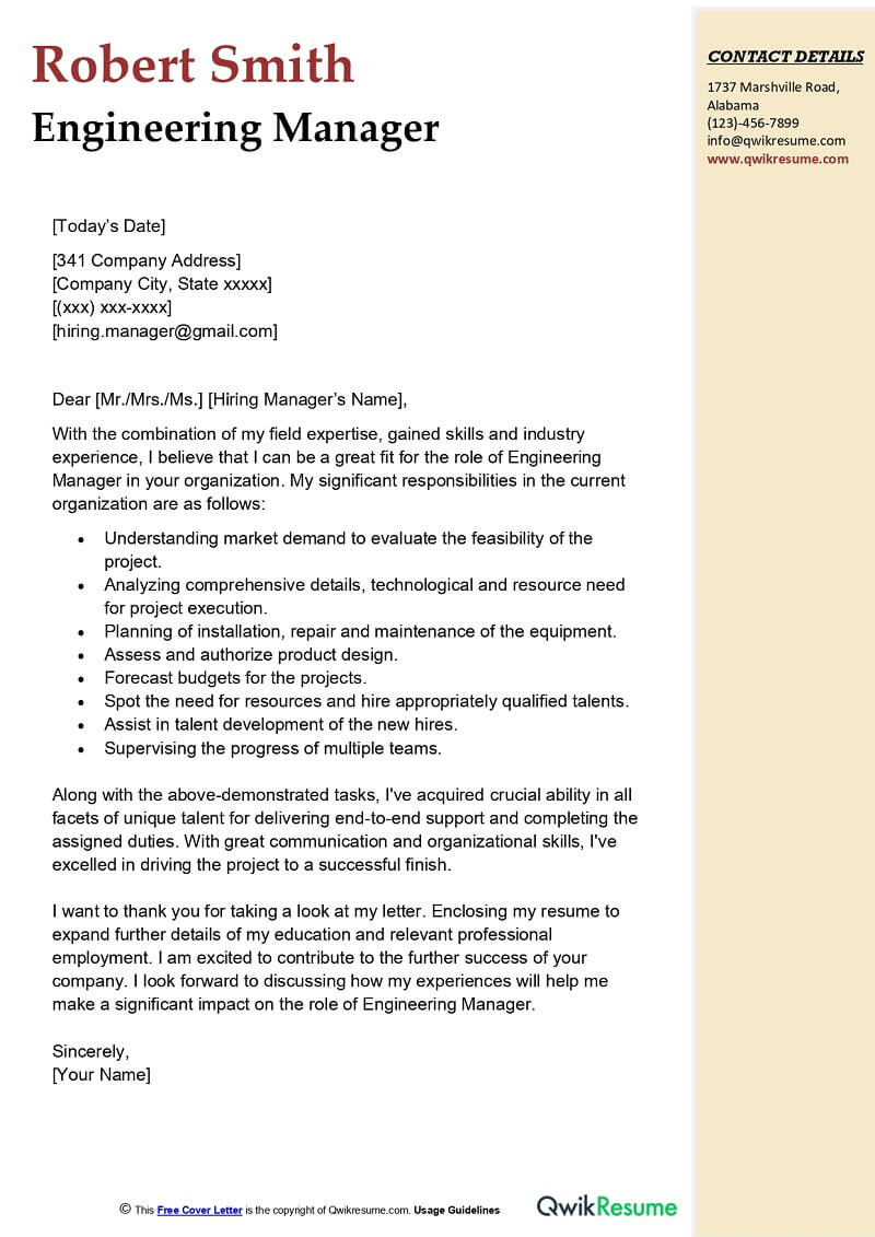 Engineering Manager Cover Letter Examples QwikResume
