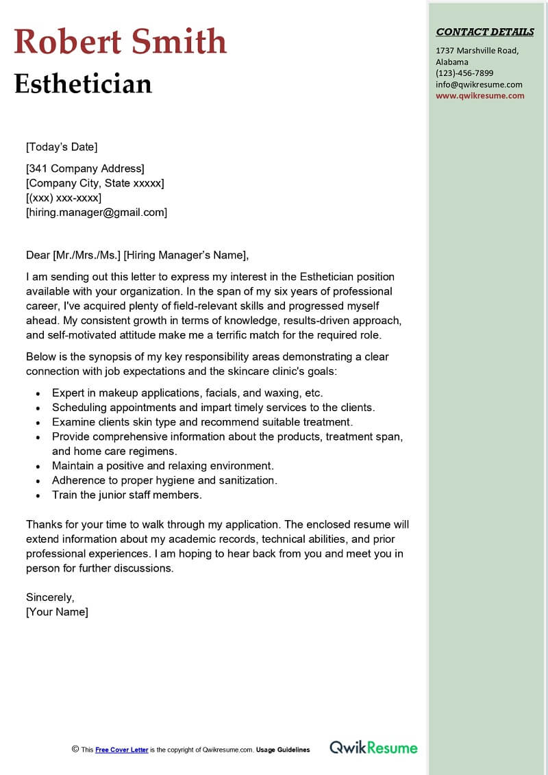 Esthetician Cover Letter Examples