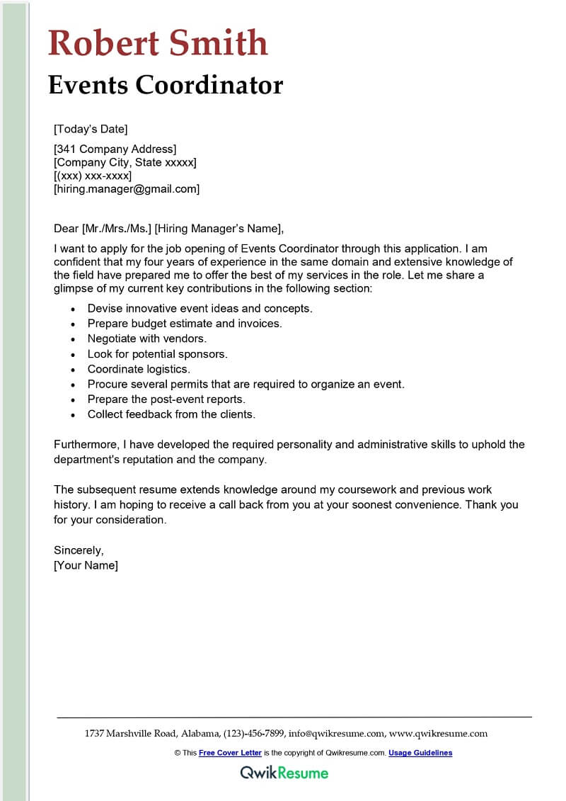 Events Coordinator Cover Letter Examples QwikResume