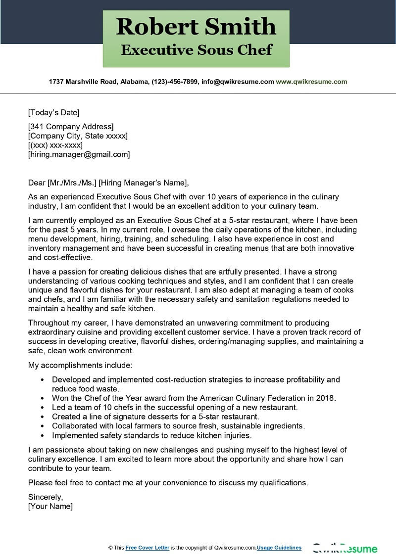 Executive Sous Chef Cover Letter Examples QwikResume