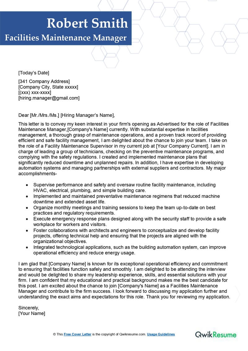 Facilities Maintenance Manager Cover Letter Examples QwikResume