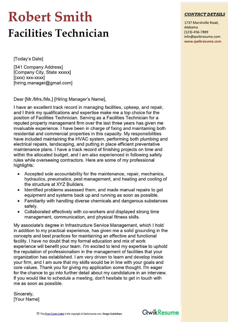 Facilities Technician Cover Letter Examples QwikResume