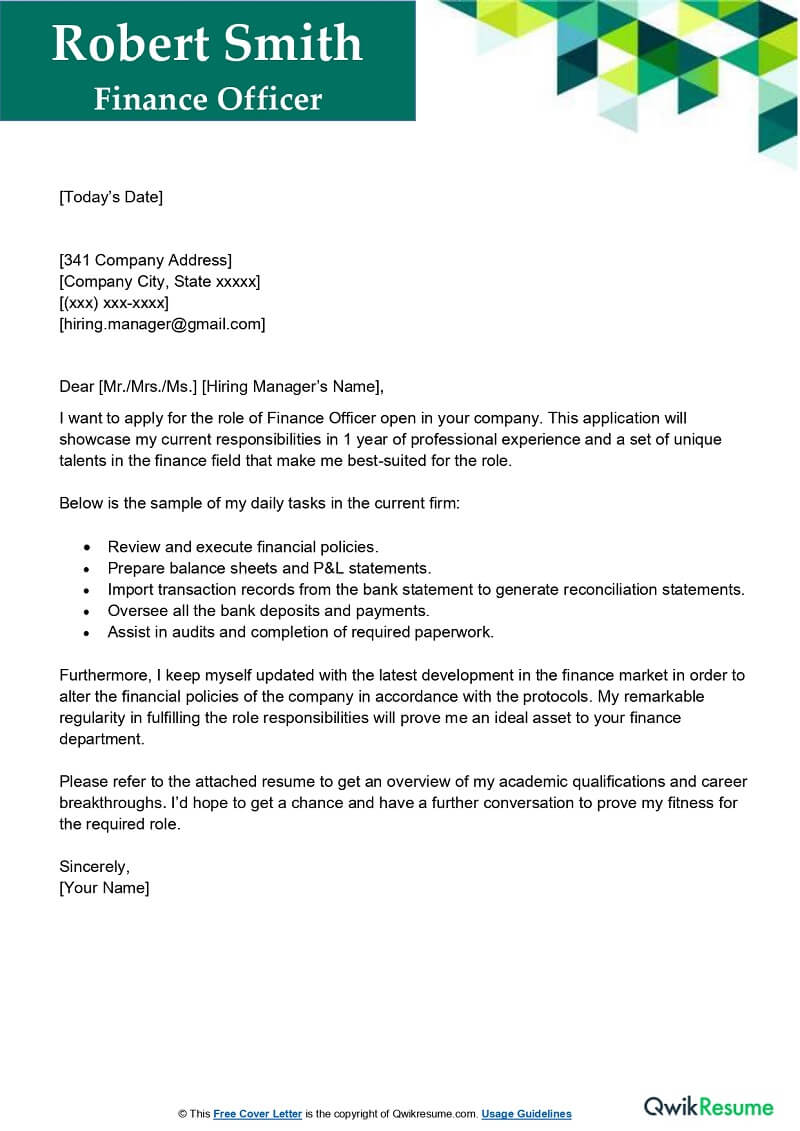 Finance Officer Cover Letter Examples QwikResume