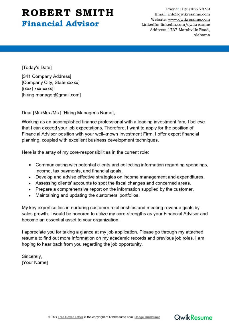 Financial Advisor Cover Letter Examples QwikResume