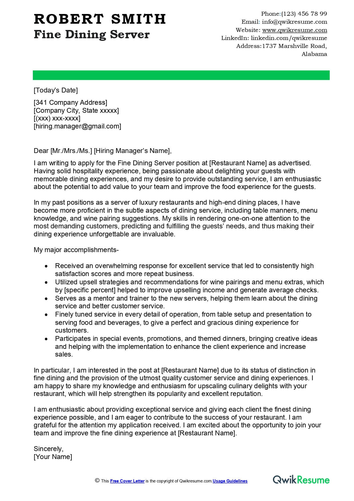 Fine Dining Server Cover Letter Examples QwikResume