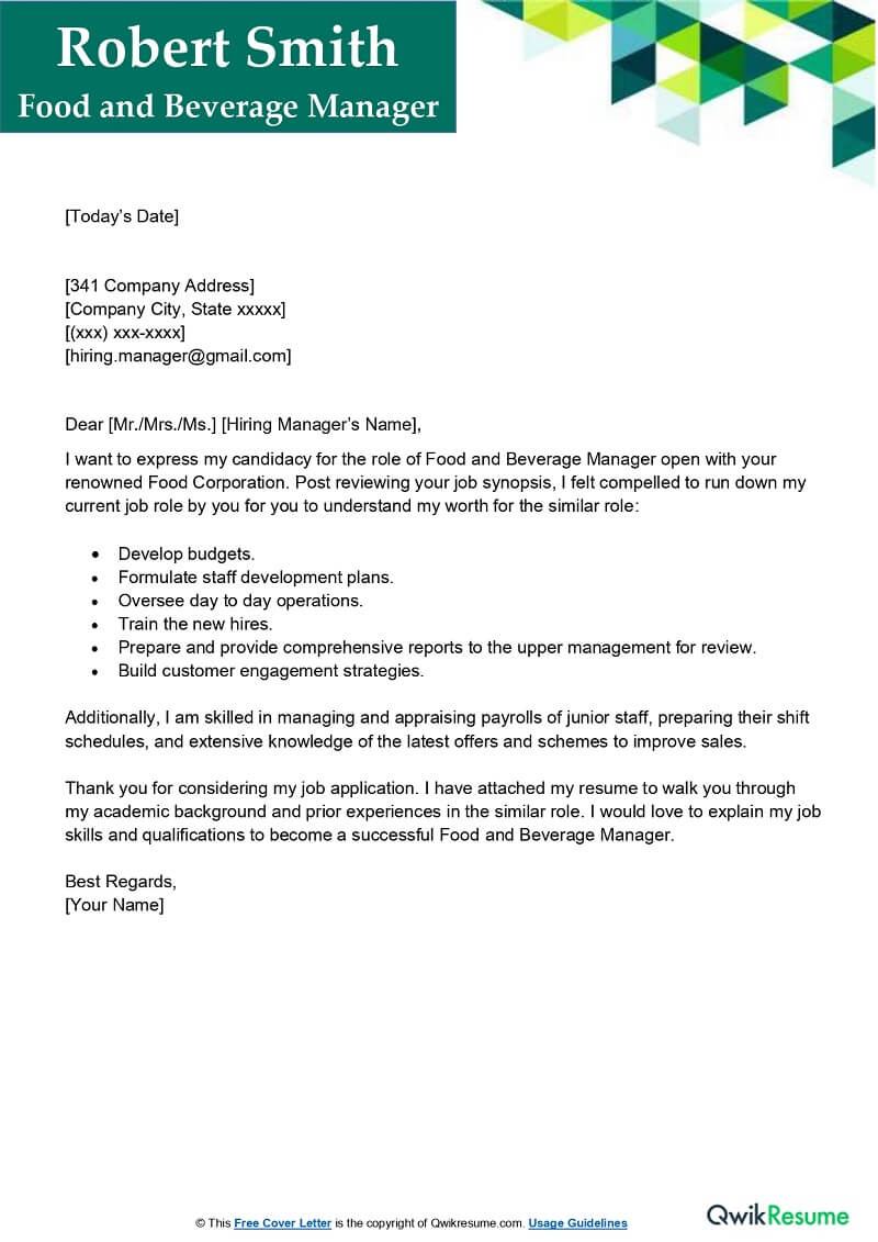  Food And Beverage Manager Cover Letter Examples QwikResume